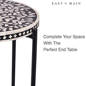 East at Main Round Side Table - 16”w x 20”h Wooden Floral Top, Metal Legs, Handmade Bone Inlay Circular Modern Decor - Collapsible Living Room, Office Farmhouse, Industrial Cocktail Furniture, Black