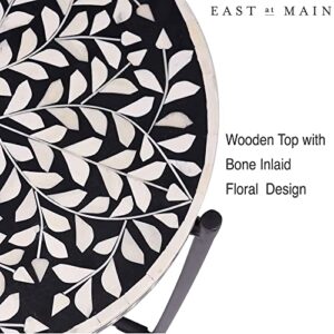 East at Main Round Side Table - 16”w x 20”h Wooden Floral Top, Metal Legs, Handmade Bone Inlay Circular Modern Decor - Collapsible Living Room, Office Farmhouse, Industrial Cocktail Furniture, Black