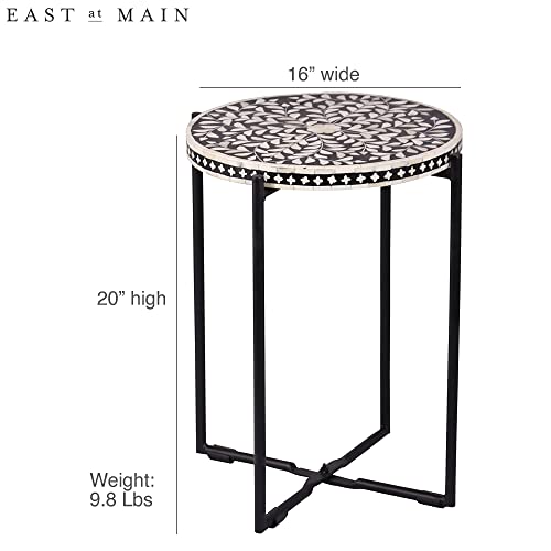 East at Main Round Side Table - 16”w x 20”h Wooden Floral Top, Metal Legs, Handmade Bone Inlay Circular Modern Decor - Collapsible Living Room, Office Farmhouse, Industrial Cocktail Furniture, Black