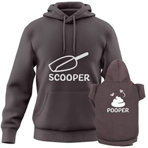 funny dog and owner outfit sweater - scooper pooper pet & owner matching hoodie sweatshirt cute dog clothes - charcoal/xl human | l dog