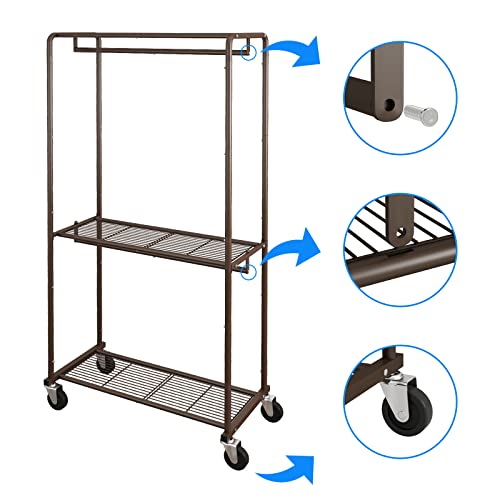 Simple Trending Clothes Garment Rack, Heavy Duty Commercial Grade Clothing Rolling Rack on Wheels and Bottom Shelves, Holds up to 300 lbs, Bronze