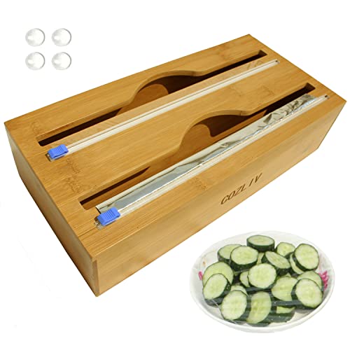 Plastic Wrap Dispenser with Cutter, 100% Bamboo Wood Aluminum/Tin Foil and Parchment/Wax Paper Organizer for Drawer, Wall-Mount Kitchen Roll Holder Compatible with 13.78"