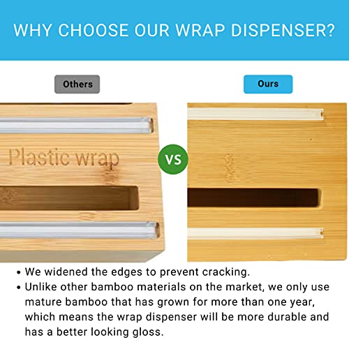 Plastic Wrap Dispenser with Cutter, 100% Bamboo Wood Aluminum/Tin Foil and Parchment/Wax Paper Organizer for Drawer, Wall-Mount Kitchen Roll Holder Compatible with 13.78"