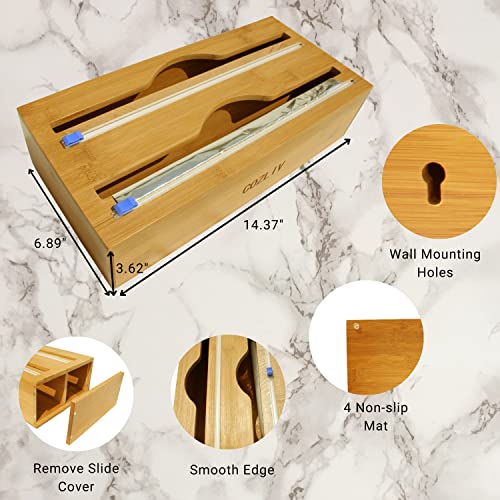 Plastic Wrap Dispenser with Cutter, 100% Bamboo Wood Aluminum/Tin Foil and Parchment/Wax Paper Organizer for Drawer, Wall-Mount Kitchen Roll Holder Compatible with 13.78"