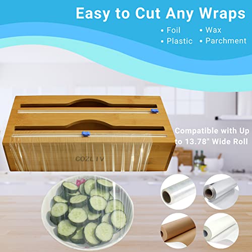 Plastic Wrap Dispenser with Cutter, 100% Bamboo Wood Aluminum/Tin Foil and Parchment/Wax Paper Organizer for Drawer, Wall-Mount Kitchen Roll Holder Compatible with 13.78"