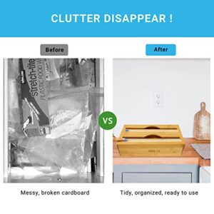 Plastic Wrap Dispenser with Cutter, 100% Bamboo Wood Aluminum/Tin Foil and Parchment/Wax Paper Organizer for Drawer, Wall-Mount Kitchen Roll Holder Compatible with 13.78"