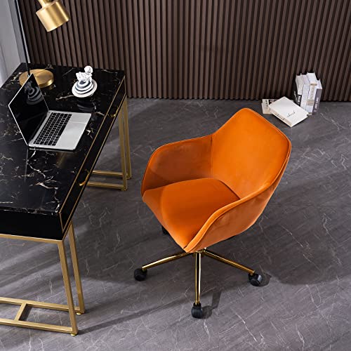 Goujxcy Swivel Office Chair Computer Task Chair with Wheels Microfiber Rolling Desk Chair with Wooden Arms and Height Adjustable Metal Base (Orange)