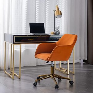 Goujxcy Swivel Office Chair Computer Task Chair with Wheels Microfiber Rolling Desk Chair with Wooden Arms and Height Adjustable Metal Base (Orange)