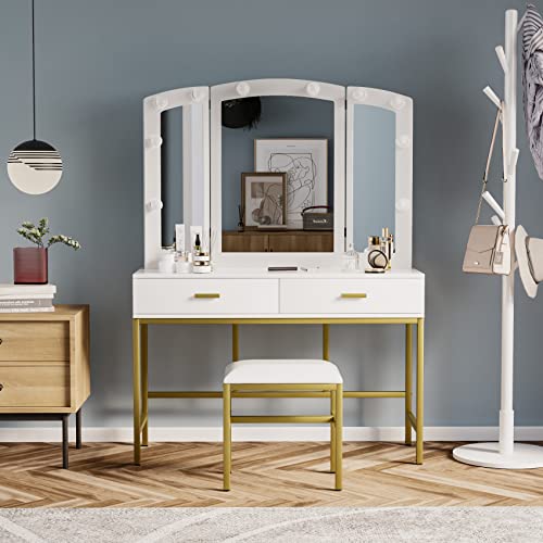 Semiocthome Vanity with Mirror - Large Mirror with 10 LED Lights, Makeup Vanity Table with 2 Large Drawers and Stool Bench, Dressing Table for Girls and Women, White