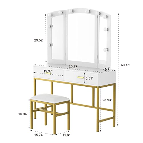 Semiocthome Vanity with Mirror - Large Mirror with 10 LED Lights, Makeup Vanity Table with 2 Large Drawers and Stool Bench, Dressing Table for Girls and Women, White