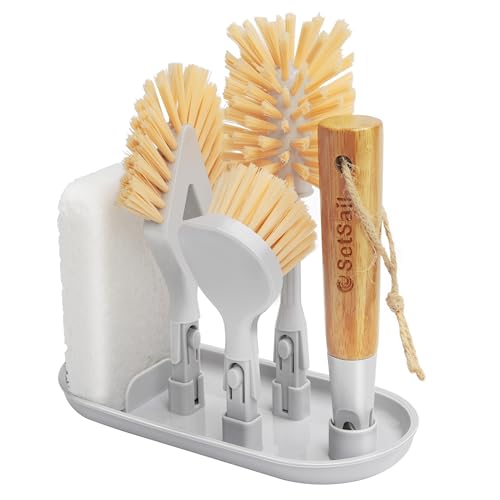 SetSail Dish Brush Set with Storage Holder, 4-in-1 Kitchen Cleaning Brush Set with 2 Interchangeable Brush Heads&Scrub Sponge Bamboo Handle Bottle Brush, Dish Scrub Brush and Corner Brush for Kitchen