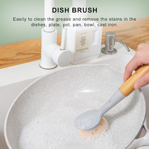 SetSail Dish Brush Set with Storage Holder, 4-in-1 Kitchen Cleaning Brush Set with 2 Interchangeable Brush Heads&Scrub Sponge Bamboo Handle Bottle Brush, Dish Scrub Brush and Corner Brush for Kitchen