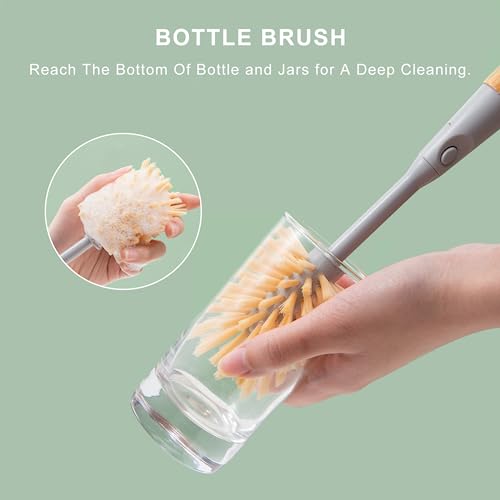 SetSail Dish Brush Set with Storage Holder, 4-in-1 Kitchen Cleaning Brush Set with 2 Interchangeable Brush Heads&Scrub Sponge Bamboo Handle Bottle Brush, Dish Scrub Brush and Corner Brush for Kitchen