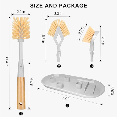 SetSail Dish Brush Set with Storage Holder, 4-in-1 Kitchen Cleaning Brush Set with 2 Interchangeable Brush Heads&Scrub Sponge Bamboo Handle Bottle Brush, Dish Scrub Brush and Corner Brush for Kitchen