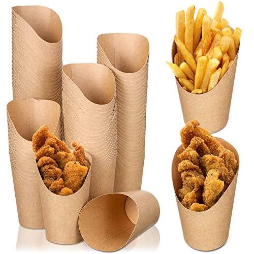 French Fries Holder 12oz French Fry Cups Disposable Paper Charcuterie Cups Popcorn Kraft Paper Cones Holder Brown Kraft Paper Food Fries Cup French Fry Paper Holder for Wedding Party Food(100 Pcs)