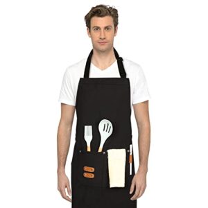 sosirolo chef apron for men women with pockets, waterdrop resistant cotton canvas adjustable apron with gift package, black apron for grilling cooking bbq kitchen, m-xxxl