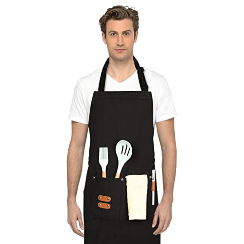 Sosirolo Chef Apron for Men Women with Pockets, Waterdrop Resistant Cotton Canvas Adjustable Apron with Gift Package, Black Apron for Grilling Cooking BBQ Kitchen, M-XXXL