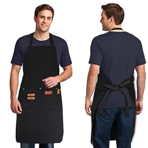 Sosirolo Chef Apron for Men Women with Pockets, Waterdrop Resistant Cotton Canvas Adjustable Apron with Gift Package, Black Apron for Grilling Cooking BBQ Kitchen, M-XXXL