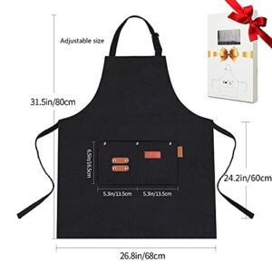 Sosirolo Chef Apron for Men Women with Pockets, Waterdrop Resistant Cotton Canvas Adjustable Apron with Gift Package, Black Apron for Grilling Cooking BBQ Kitchen, M-XXXL