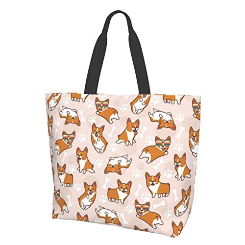 Qaonyui Corgi Cute Tote Bag for Women Large Capacity Reusable Shoulder Handbags Heavy Duty Bag for Grocery Beach Picnic