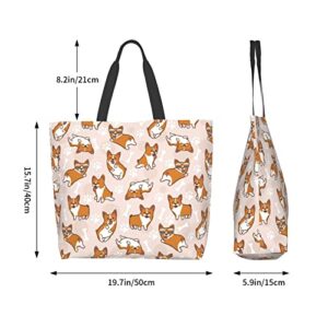 Qaonyui Corgi Cute Tote Bag for Women Large Capacity Reusable Shoulder Handbags Heavy Duty Bag for Grocery Beach Picnic