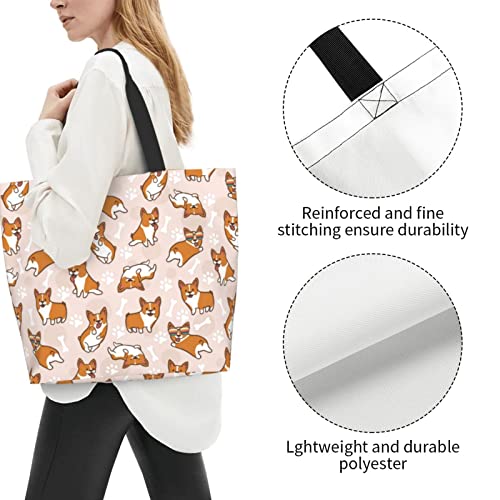 Qaonyui Corgi Cute Tote Bag for Women Large Capacity Reusable Shoulder Handbags Heavy Duty Bag for Grocery Beach Picnic