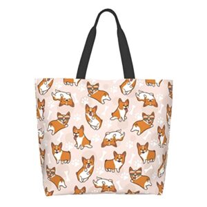 Qaonyui Corgi Cute Tote Bag for Women Large Capacity Reusable Shoulder Handbags Heavy Duty Bag for Grocery Beach Picnic