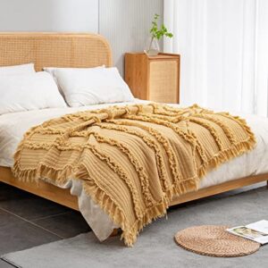 Ultra Soft Pre-Washed Quilted Blanket, Ruffle Fringed Yellow Boho Decorative Stone Chic Rustic Throw for Sofa Couch Bed Chair, 50"x 60"