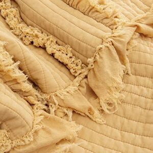 Ultra Soft Pre-Washed Quilted Blanket, Ruffle Fringed Yellow Boho Decorative Stone Chic Rustic Throw for Sofa Couch Bed Chair, 50"x 60"