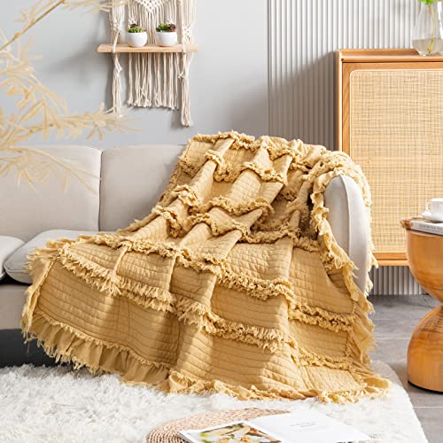 Ultra Soft Pre-Washed Quilted Blanket, Ruffle Fringed Yellow Boho Decorative Stone Chic Rustic Throw for Sofa Couch Bed Chair, 50"x 60"