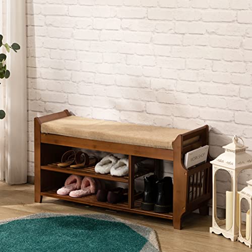 ALIMORDEN Shoe Storage Bench with Cushion Hidden Drawer and Side Holder Shoe Rack for Entryway Small Space 2-Tier Bamboo Boot Organizer Rack Cabinet Bench with Storage Brown