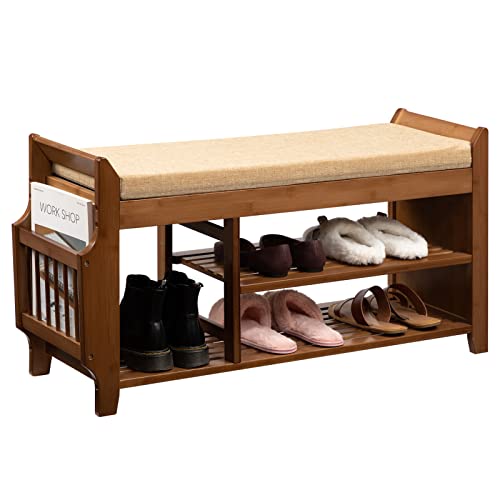 ALIMORDEN Shoe Storage Bench with Cushion Hidden Drawer and Side Holder Shoe Rack for Entryway Small Space 2-Tier Bamboo Boot Organizer Rack Cabinet Bench with Storage Brown