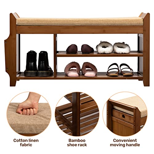 ALIMORDEN Shoe Storage Bench with Cushion Hidden Drawer and Side Holder Shoe Rack for Entryway Small Space 2-Tier Bamboo Boot Organizer Rack Cabinet Bench with Storage Brown