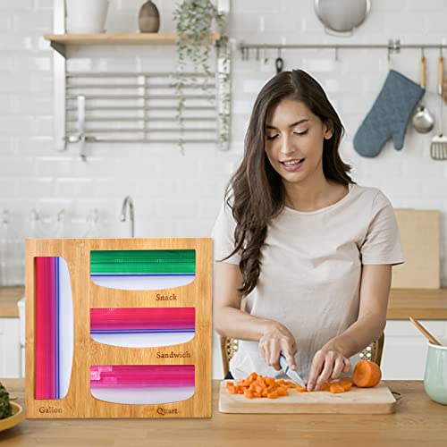 Ziplock Bag Storage Organizer - Munskine Bamboo Organizers And Storage for Gallon, Quart, Sandwich & Snack Bags - Baggie Organizer for Storage Drawers & Cabinets