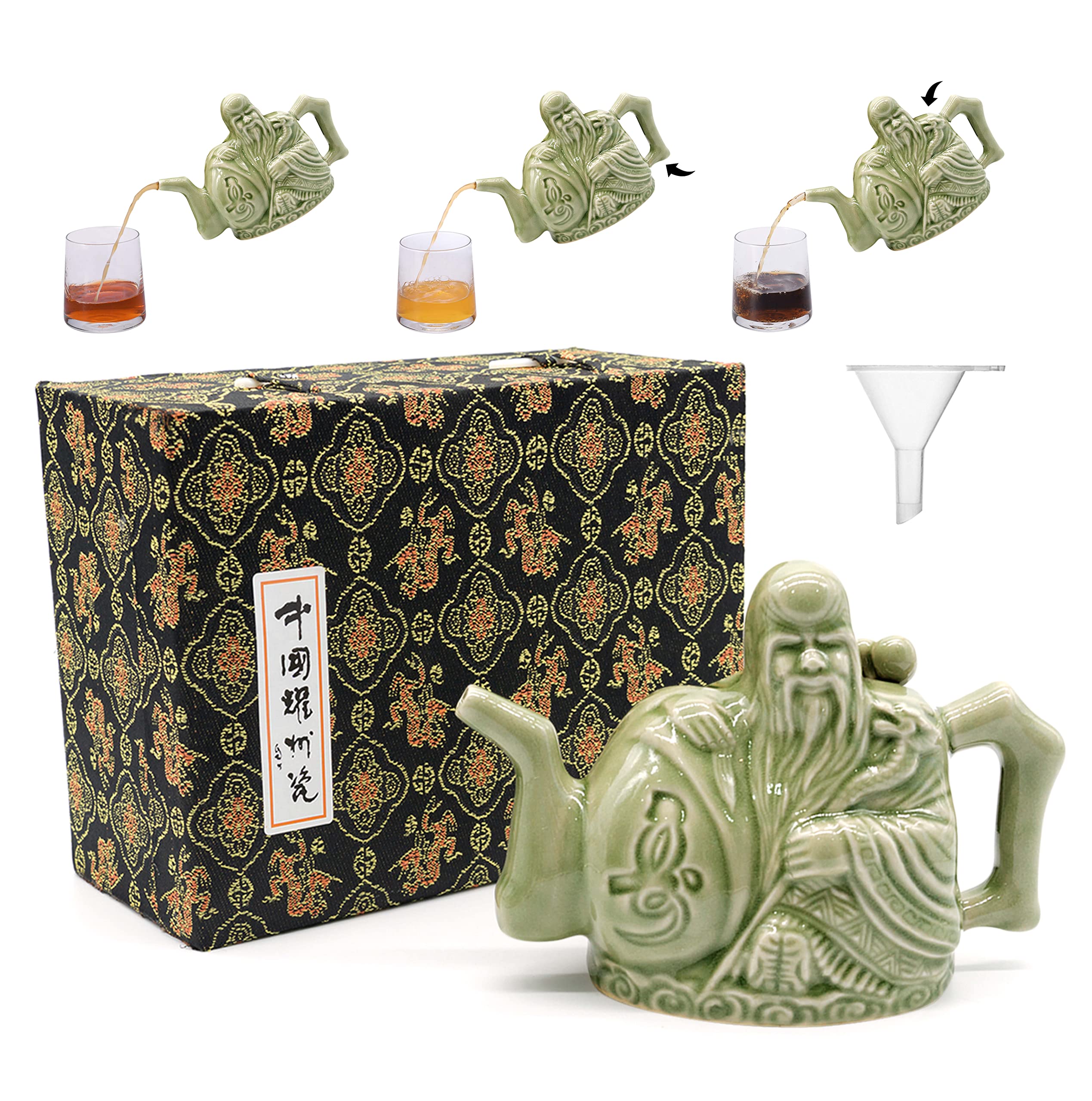 LURRIER Assassins Teapot, Handmade Chinese Ceramic Tea Kettle, One Pot Three Drinks,Two Chambers Teapot, Drink Dispenser, Magic Trick Teapot with Gift Box, 16 oz(Green)