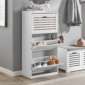 haotian fsr108-w, white shoe cabinet with 3 flip drawers, freestanding shoe rack with hooks, shoe storage cupboard organizer unit