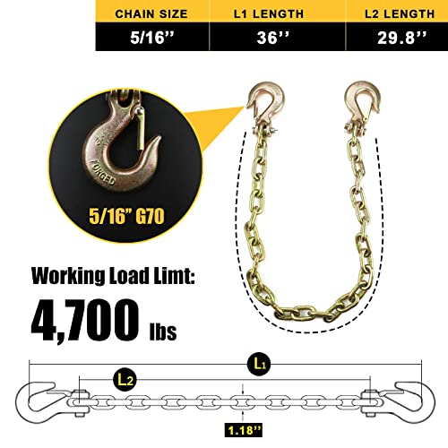 AYMMIC Trailer Safety Chain Grade 70 5/16" x 36",2pcs,Each Fitted with 2 Clevis Slip Hook with Latch end Fitting,Working Load Limit:4,700 Lbs,for Heavy Duty Traile and Gooseneck Couplers