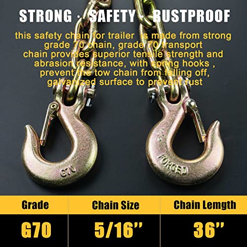 AYMMIC Trailer Safety Chain Grade 70 5/16" x 36",2pcs,Each Fitted with 2 Clevis Slip Hook with Latch end Fitting,Working Load Limit:4,700 Lbs,for Heavy Duty Traile and Gooseneck Couplers