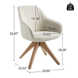 Art Leon Dining Chair, Mid Century Modern Fabric Upholstered Swivel Dining Room Chair with Oak Wood Legs, Leisure Side Chair with Arms for Living Room, Off White