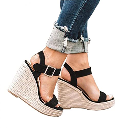 NOLDARES Sandals for Women Summer Casual Wedge Buckle Strap Hiking Platform Sandal Beach Travel Weaving Sandals Black 10.5