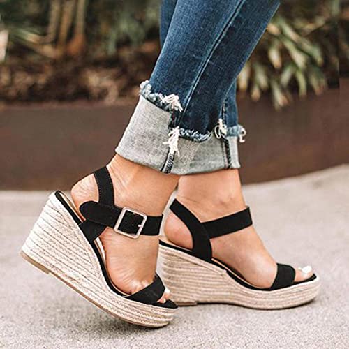 NOLDARES Sandals for Women Summer Casual Wedge Buckle Strap Hiking Platform Sandal Beach Travel Weaving Sandals Black 10.5