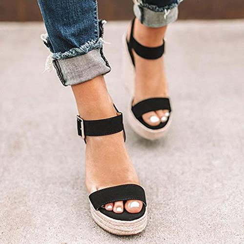 NOLDARES Sandals for Women Summer Casual Wedge Buckle Strap Hiking Platform Sandal Beach Travel Weaving Sandals Black 10.5