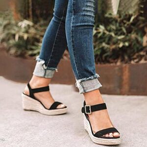 NOLDARES Sandals for Women Summer Casual Wedge Buckle Strap Hiking Platform Sandal Beach Travel Weaving Sandals Black 10.5