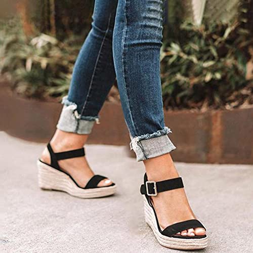 NOLDARES Sandals for Women Summer Casual Wedge Buckle Strap Hiking Platform Sandal Beach Travel Weaving Sandals Black 10.5