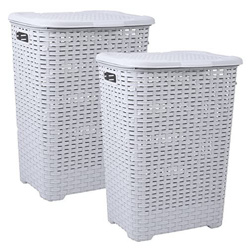 Plastic Laundry Hamper with Lid Laundry Hamper Basket, White Smoke 2 Pack Tall Cloths Hamper Organizer with Cut-out Handles. Space Saving for Laundry Room Bedroom Bathroom, Wicker Design 60 Liter