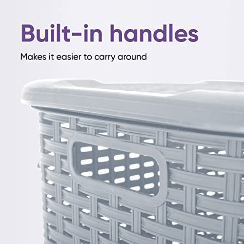 Plastic Laundry Hamper with Lid Laundry Hamper Basket, White Smoke 2 Pack Tall Cloths Hamper Organizer with Cut-out Handles. Space Saving for Laundry Room Bedroom Bathroom, Wicker Design 60 Liter