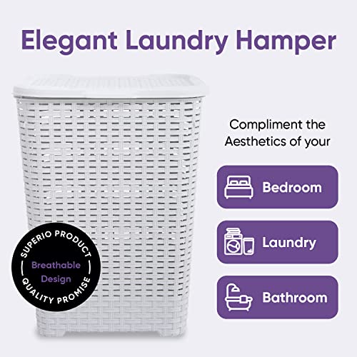 Plastic Laundry Hamper with Lid Laundry Hamper Basket, White Smoke 2 Pack Tall Cloths Hamper Organizer with Cut-out Handles. Space Saving for Laundry Room Bedroom Bathroom, Wicker Design 60 Liter