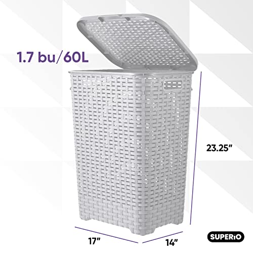 Plastic Laundry Hamper with Lid Laundry Hamper Basket, White Smoke 2 Pack Tall Cloths Hamper Organizer with Cut-out Handles. Space Saving for Laundry Room Bedroom Bathroom, Wicker Design 60 Liter