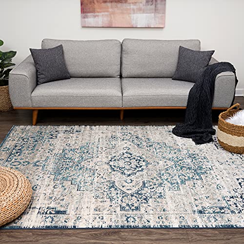 Bloom Rugs Traditional Blue Gray Area Rug - Vintage Boho 3x5 Rug for Entryways (3' x 5')