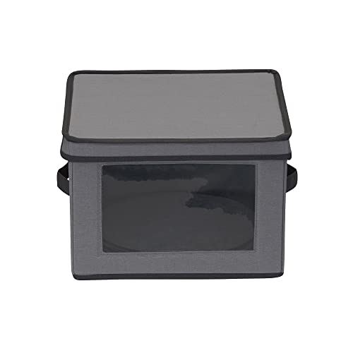 Household Essentials Dinner Plate Storage Box, Strong Frame and Handles, Windowed Panel, Fully Removable Lid, Stackable and Foldable, Perfect for Preserving Your Dinnerware, Gray